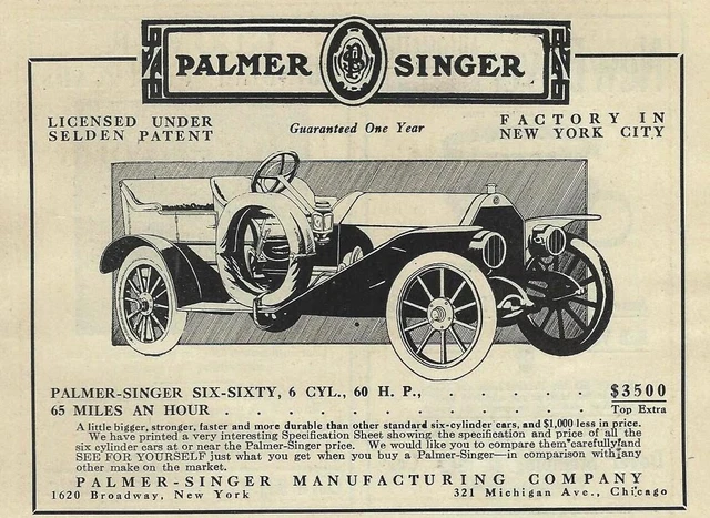 1910 PALMER-SINGER SIXTY-SIX Racer Automobile Motor Cars Ad/New York ...