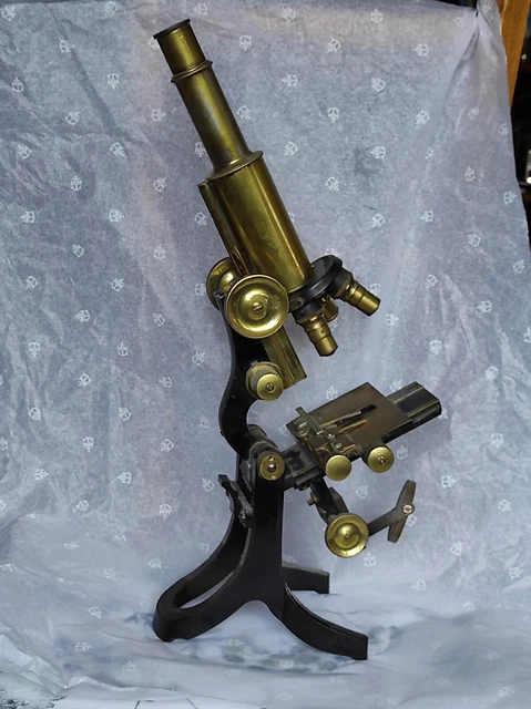 RARE - GRAND microscope ancien laiton a tourelle et platine ...