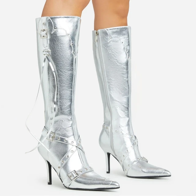 SXXY SHINY SILVER PVC KNEE HIGH POINTY BOOTS * 7 uk * CLUBBING * PARTY ...