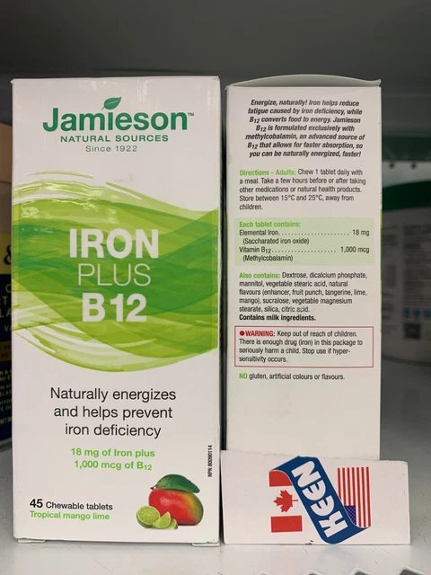 JAMIESON IRON PLUS Vitamin B12 45 Chewable Tablets, EXP:2026DEC $39.99 ...