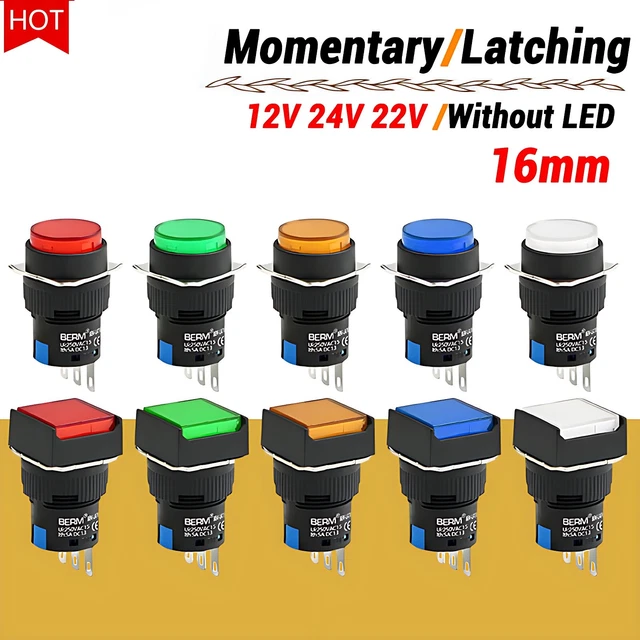16MM LATCHING/MOMENTARY PUSH Button Switch ON-OFF 5colors LED Lamp 5A ...