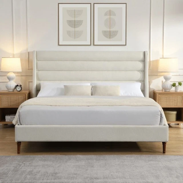 KING SIZE UPHOLSTERED Platform Bed Frame Wave Headboard Ivory No Box ...