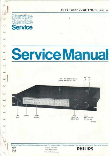 PHILIPS - TUNER Hi-Fi 22AH170 - Manuel d'entretien instructions schéma ...