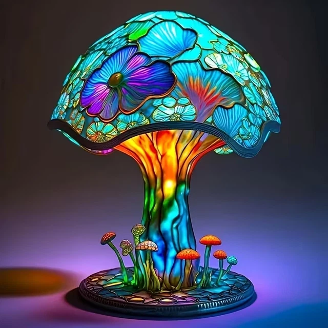 PAIR OF HAND-PAINTED Mushroom with USB LED Light Plug-in Resin 22cm ...