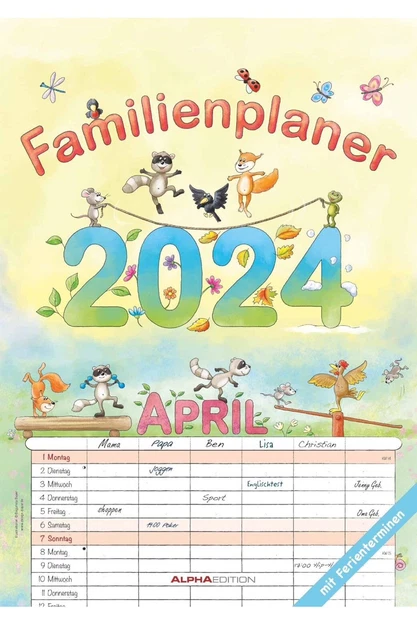 FAMILIENPLANER CARTOON 2024 - Familienkalender A3 (29,7x42 cm) - mit 6 Spalten%% EUR 14,00 ...