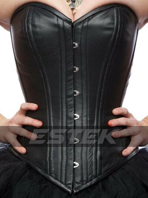 Double Steel Boned Steampunk Over Bust Corset Black Real Leather Womens