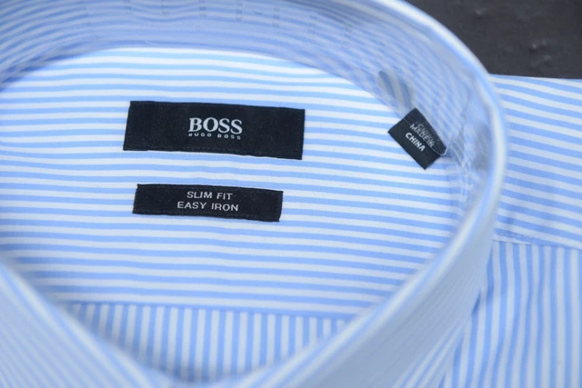 HUGO BOSS HOMME Isko Slim Fit Facile Fer Bleu Rayé Coton Robe Chemise ...