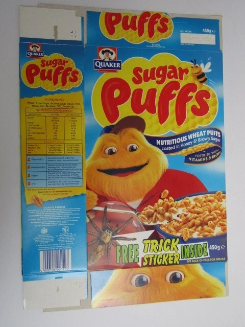 QUAKER SUGAR PUFFS 1999 Cereal Box Trick Sticker 450g Box only £9.99 ...