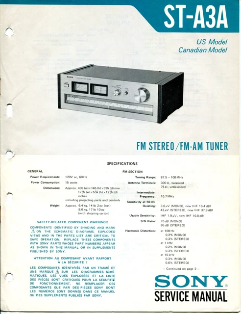 SONY MODEL ST-A3A FM Stereo/ FM-AM Stereo Tuner Service Manual £15.18 ...