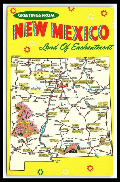 NEW MEXICO LABELED Map Landmarks Greetings Postcard Land of Enchantment ...