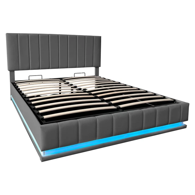 OTTOMAN STORAGE GAS Lift Up Bed Upholstered Bed Frame with LED Grey 5ft ...