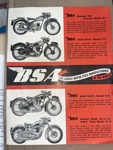 VINTAGE 1948? BSA Motorcycle Brochure Bantam 250 C11, 500 B33, Golden ...