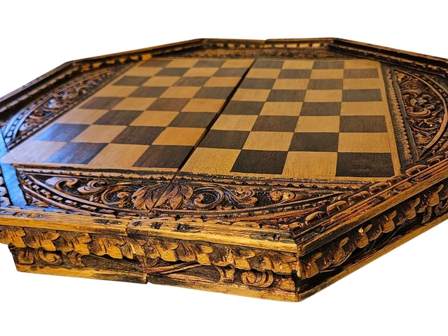 HANDMADE OCTAGONAL CARVED Wooden Chess Backgammon Board 2-in-1 Folding ...