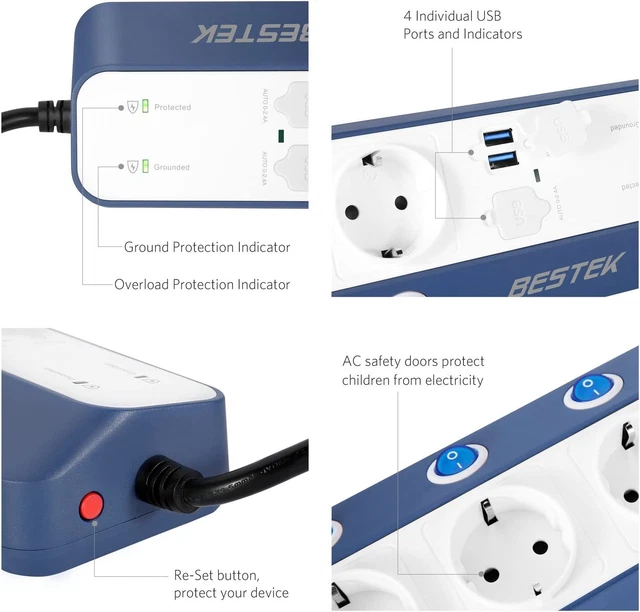 MULTIPRESA FILTRATA CIABATTA Elettrica Da Muro a 6 Prese Schuko E 4 USB ...