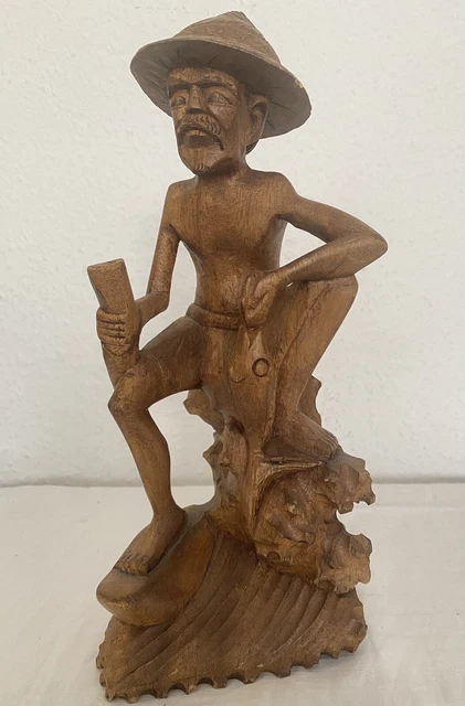 DEKO ALTE HOLZFIGUR Fischer Angler Fisch Seemann Figur mit Fisch 30 Cm ...