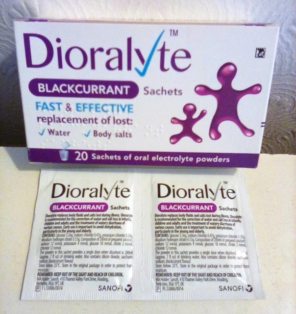 BOX OF 20 Dioralyte Oral Electrolyte Rehydration Blackcurrant Flavour ...