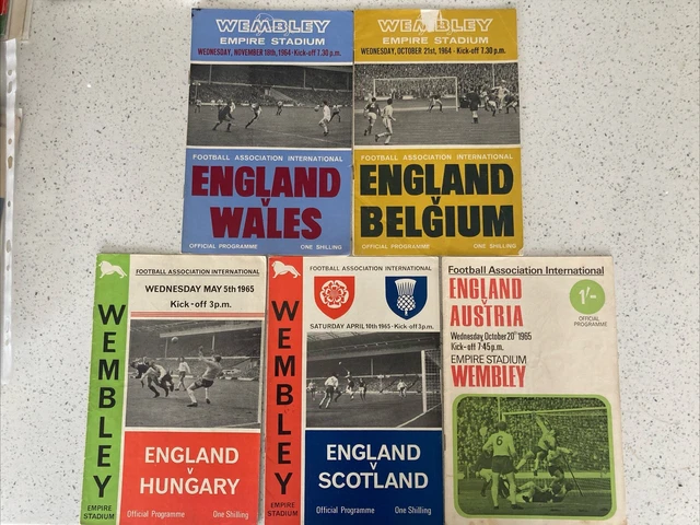 5 ENGLAND FOOTBALL Programmes 1964 1965 v Austria Belgium Hungary Wales ...
