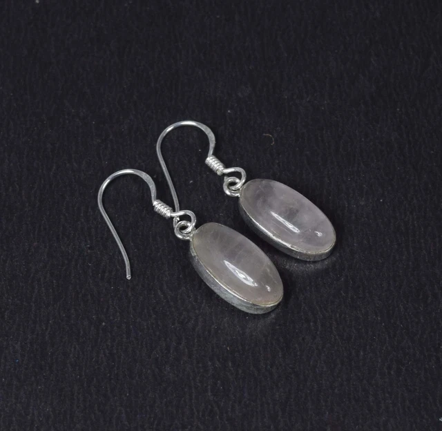 925 SOLID STERLING Silver Pink Rose Quartz Hook Earring-1.4 Inch S889 ...