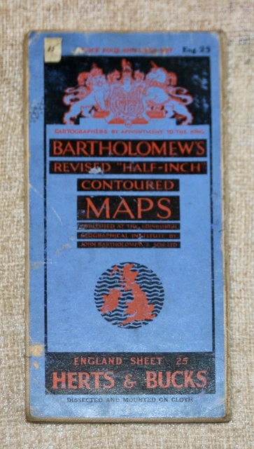 VINTAGE BARTHOLEMEW'S REVISED HALf-INCH CONTOURED MAP - SHEET 25 'HERTS ...