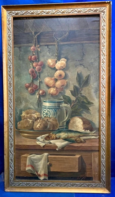 TABLEAU ANCIEN HUILE Nature Morte Poisson et Oignons Début XXème EUR 350,00 - PicClick FR