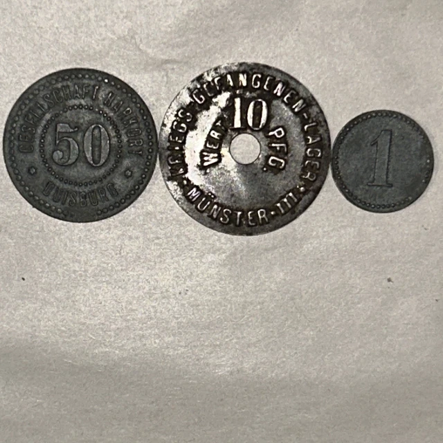 GERMAN WW1 PRISON/INTERMENT Camp Tokens 50Pfg Duisberg-10Pfg Munster ...