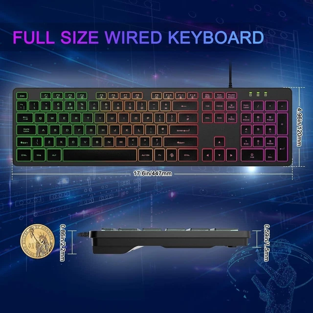 UK LAYOUT 105 Keys Rainbow LED Backlit Multimedia Wired Keyboard Gaming ...