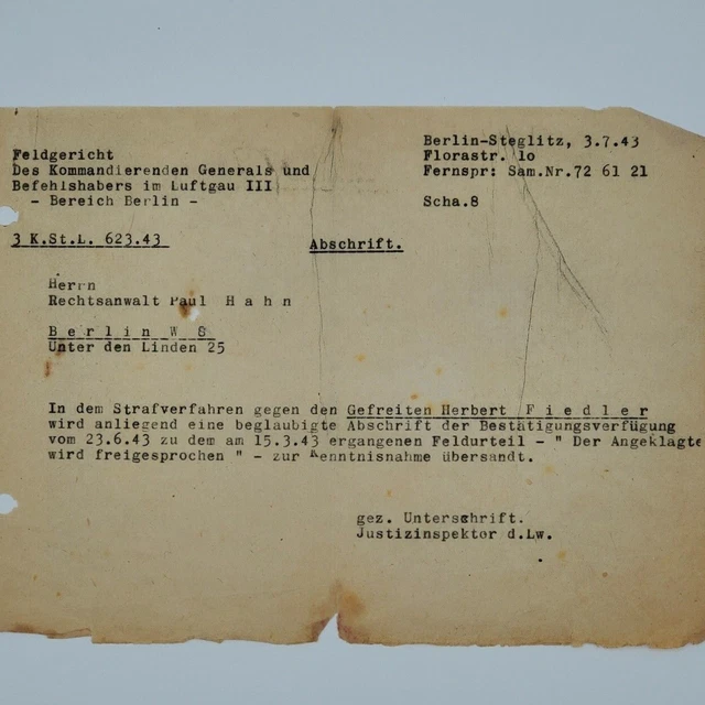ORIGINAL WWII WW2 German pilot Luftwaffe document Berlin 1943 acquittal ...