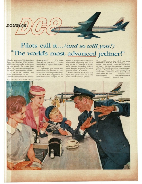 1959 DOUGLAS DC-8 Jet Airliner Captain talks to little boy art Vintage ...