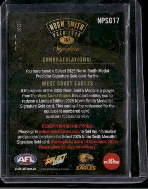 2025 AFL SELECT Footy Stars Gold Norm Smith 38/220 West Coast $15.00 ...