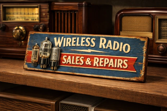 WIRELESS RADIO SIGN vintage radios sales 28cm wooden sign valves £14.00 ...