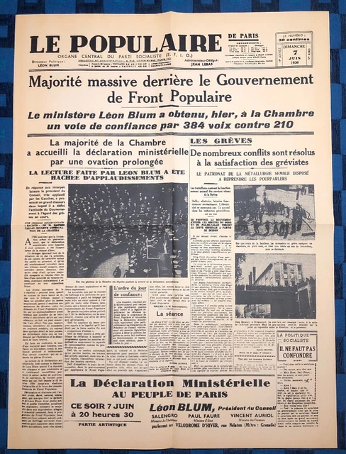 LA UNE DU Journal Le Populaire Dimanche 7 Juin 1936 Le Front Populaire ...