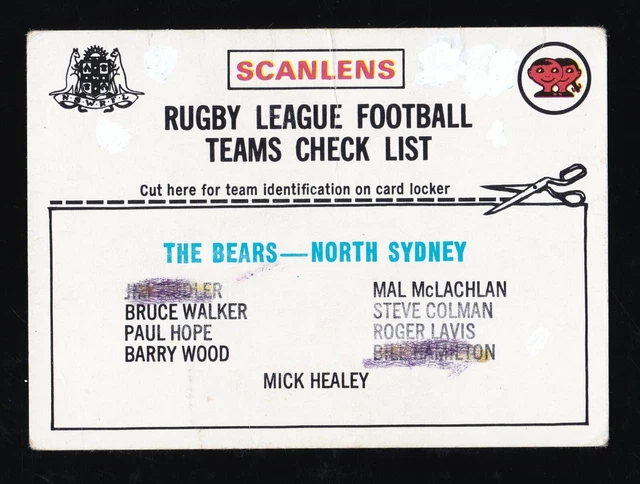 1976 SCANLENS NRL Rugby League Trading Card North Sydney Bears Team ...