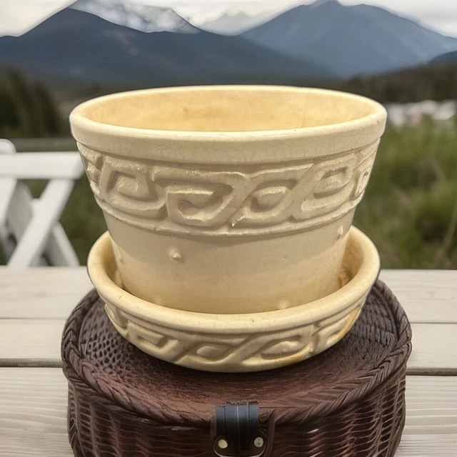 VINTAGE MCCOY USA Pottery Yellow Greek Key Flower Pot Planter Attached ...