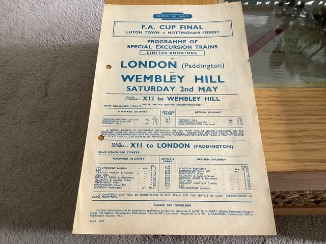 RAIL HANDBILL TO 1959 FA Cup Final at Wembley. Luton Town v Nottingham ...