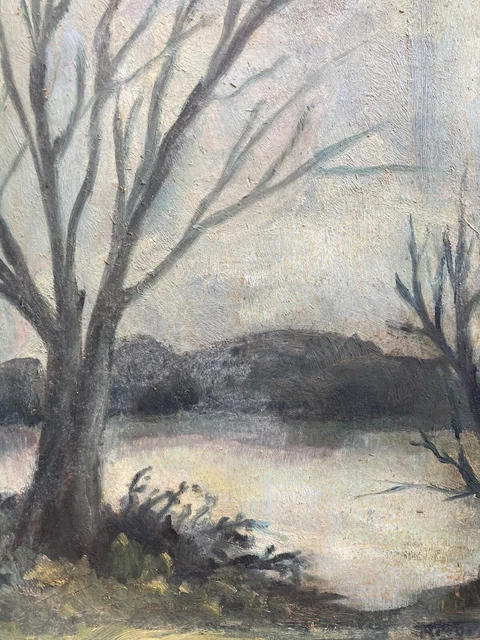 SCHÖN GEMÄLDE ÖL Landschaft Auf Karton Baum Nebel Winter Elisabeth Ronget 1920 EUR 195,18 ...