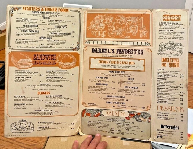 1980S DARRYL'S RESTAURANT Menu Sandwich Burger Bar-B-Q Beef Ribs Beer ...