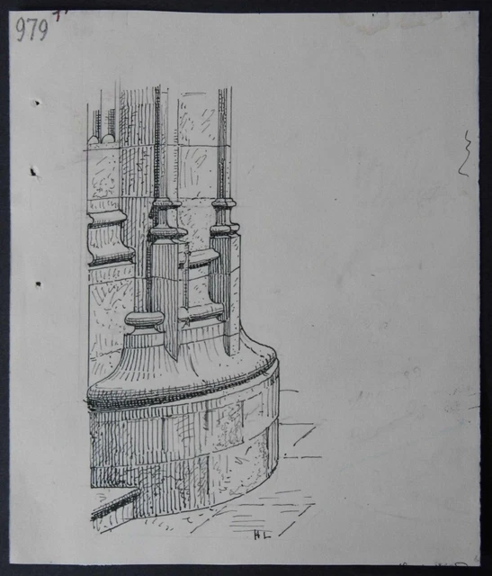 HENRI LAFFILLEE ORIGINAL DRAWING SIGN Base of a pillar of Mende ...