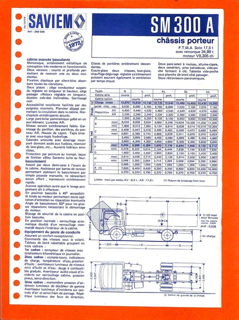 SAVIEM / FICHE TECHNIQUE / CHASSIS PORTEUR SM 300 A de 1972 £4.12 ... SAVIEM / FICHE TECHNIQUE / CHASSIS PORTEUR SM 300 A de 1972 £4.12 ...