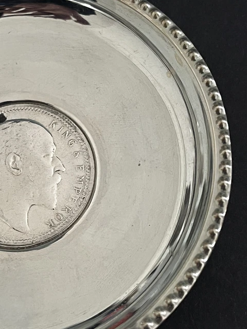STERLING SILVER DISH Tray Bowl Ashtray With India 1907 One Rupee Coin ...