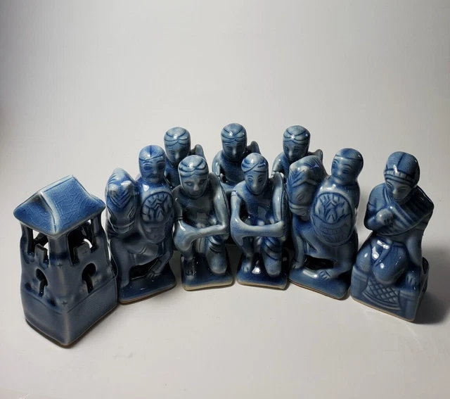 VINTAGE 9 BLUE & White Salt Glazed Stoneware Ceramic Chess Pieces ...