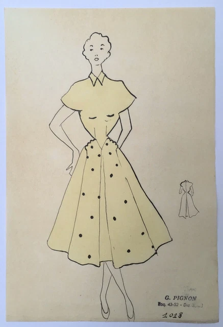 DISEGNO ORIGINALE STRATO Croquis Moda Sartoria Abito Per Pois G. Dadi ...