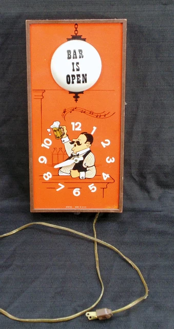 VINTAGE BAR IS Open Bartender Light Up Clock Spartus Made In USA 14.5 ...