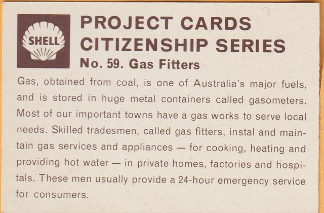 SHELL C1960 PROJECT Card Citizenship Series Card Number 59 Gas Fitters ...