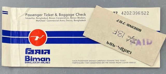 BIMAN BANGLADESH AIRLINES Used Airline Ticket 1981 Boeing 707 Boarding ...