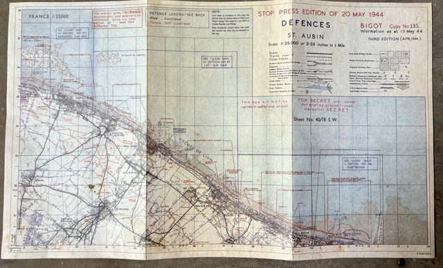 REPRO WW2 WAR MAP SHOWING DEFENCES AT ST AUBIN,FRANCE,20th MAY 1944 £7. ...