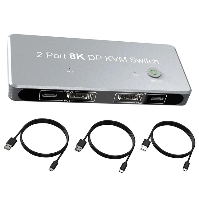 2-PORT DISPLAYPORT 8K 30Hz 4K 144Hz DP KVM Switch 2 DP Input 1 DP ...