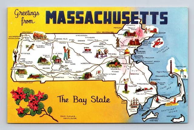 PICTORIAL TOURIST MAP from the Bay State of Massachusetts MA Postcard £ ...