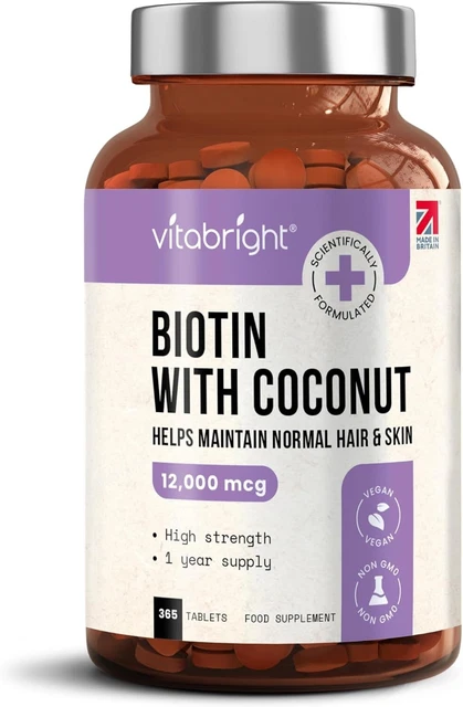 BIOTIN HAIR GROWTH Vitamins 12000mcg, 400 D-Biotin Tablets with Coconut ...
