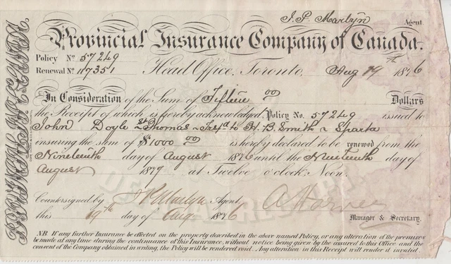 VINTAGE LETTERHEAD- RECEIPT Provincial Insurance Company of Canada ...