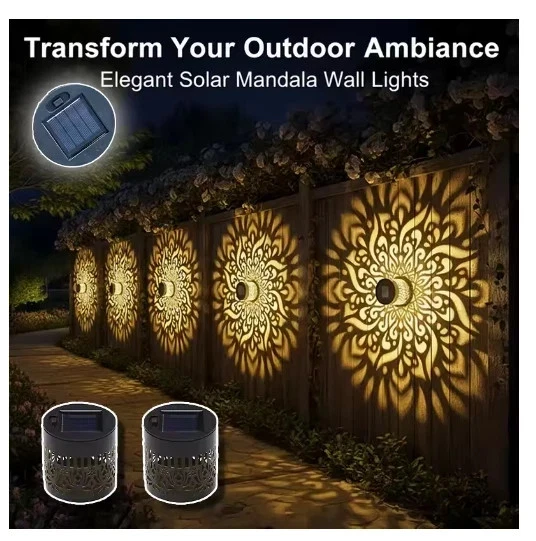 SOLAR MANDALA WALL Light Outdoor Garden Fence Projector Lamp Patio ...